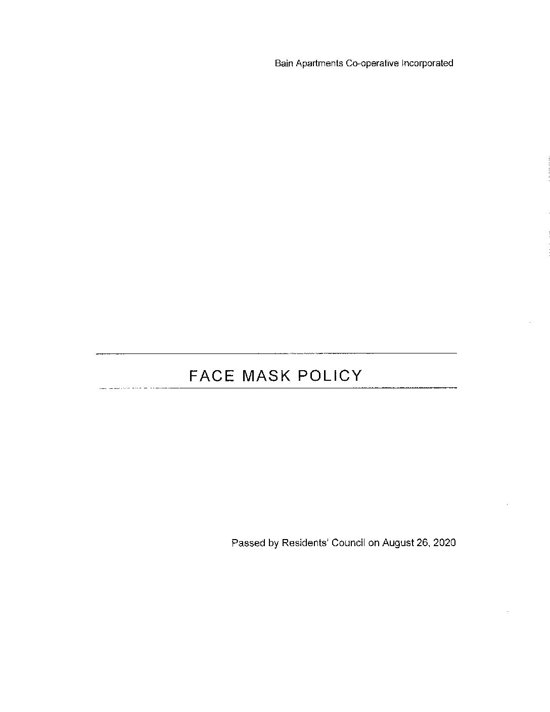 Face Mask Policy | Bain Apartments Co-operative Incorporated